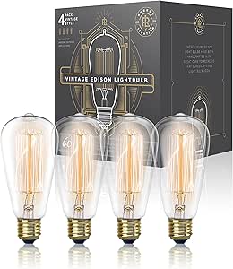 Vintage Edison Light Bulb 60W (4 Pack) - Dimmable Exposed Filament ...