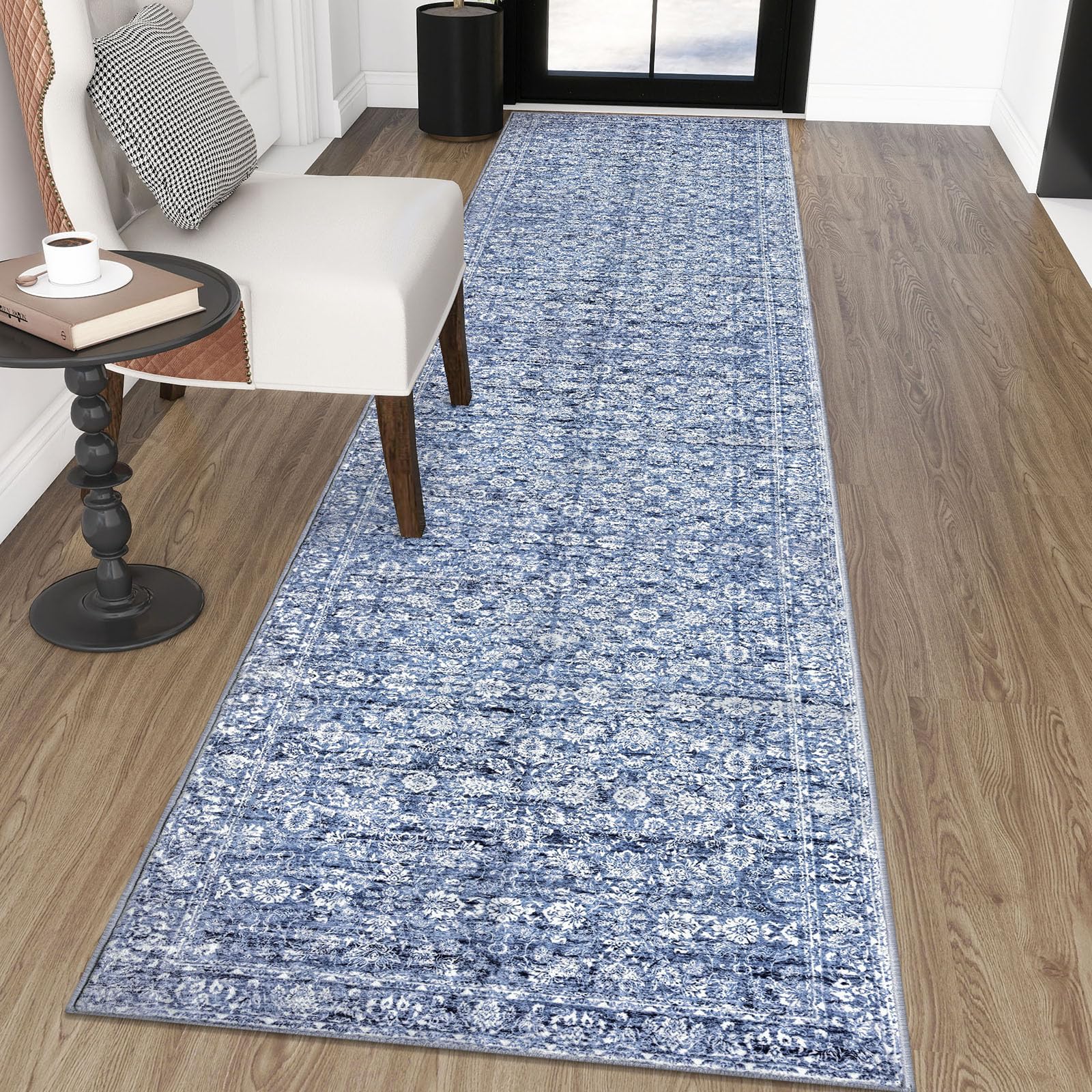 SIILOOM 2.6x12 Blue Washable Runner Rug for Kitchen, Soft Classic ...