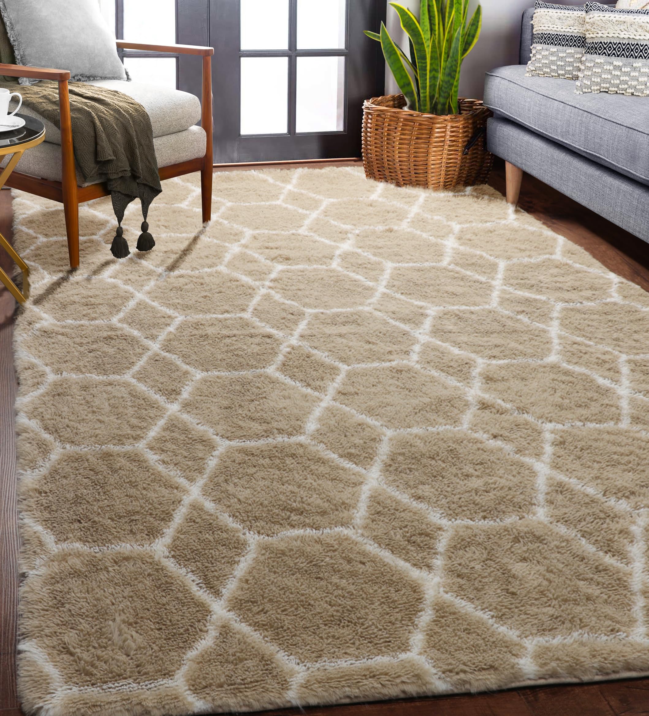 ONASAR 5x7 Area Rugs for Living Room Bedroom, Washable Fluffy Beige and ...