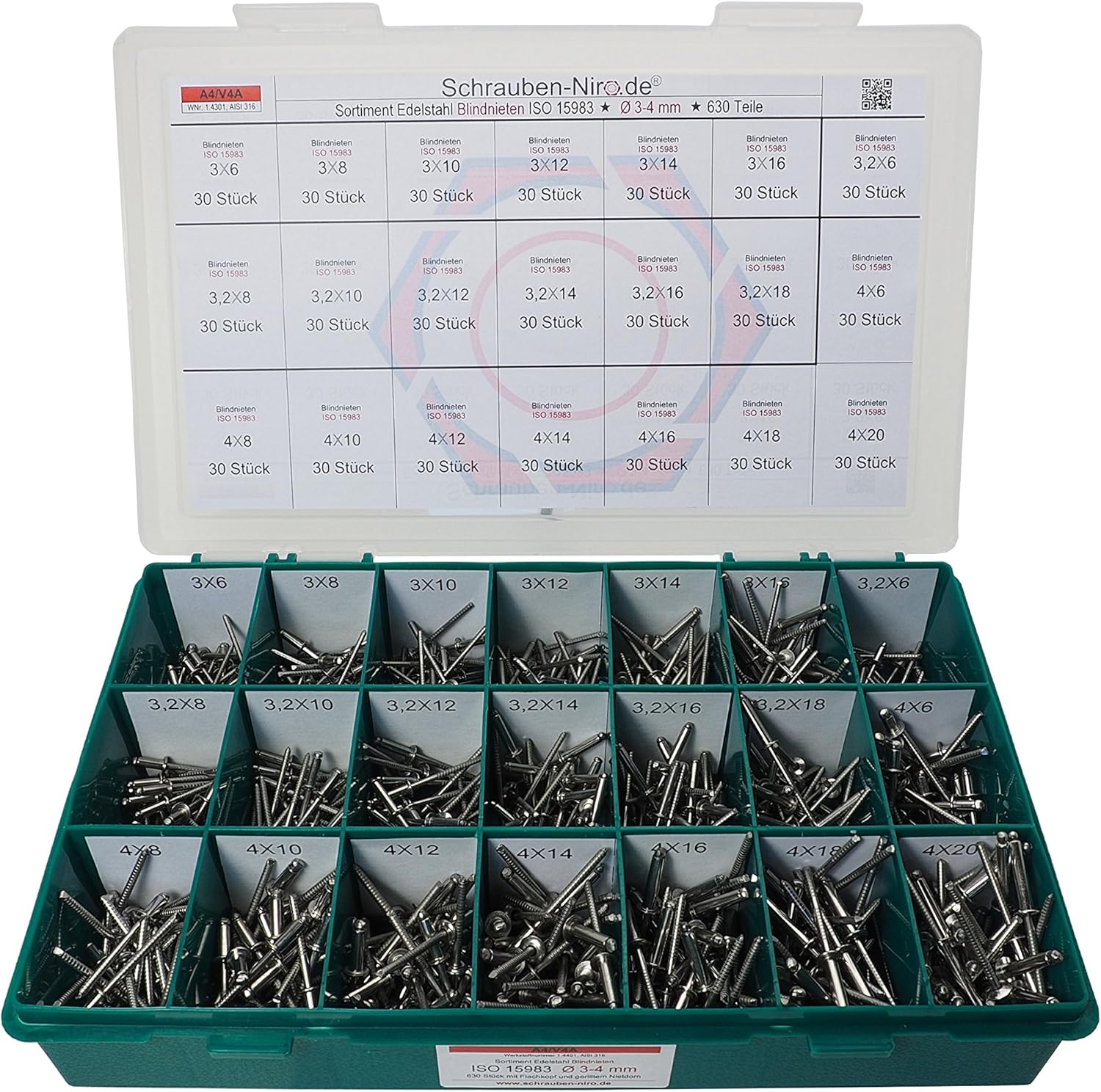 Sortiment Edelstahl Blindnieten Ø 3-4 mm ISO 15983 A4 (V4A) mit ...