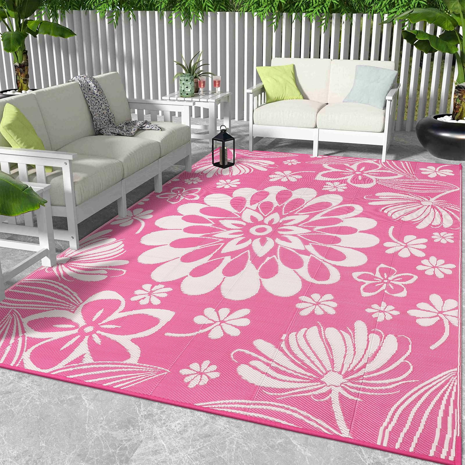 Ileading Outdoor Plastic Straw Rug 9x12ft Funny Floral Style Reversible ...