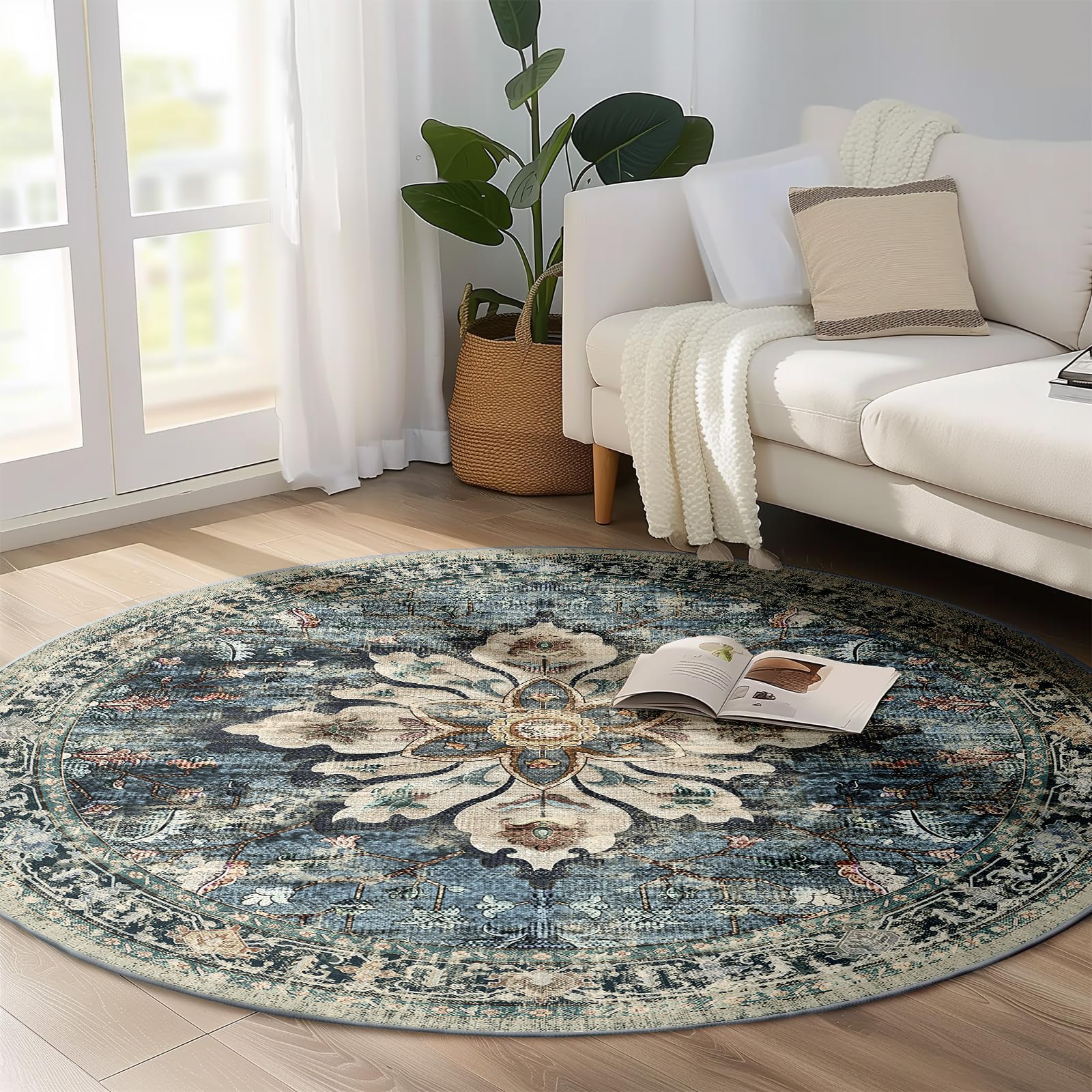 RELEANY Area Rugs 6ft Washable Non-Slip, Floral Vintage Distress Print ...