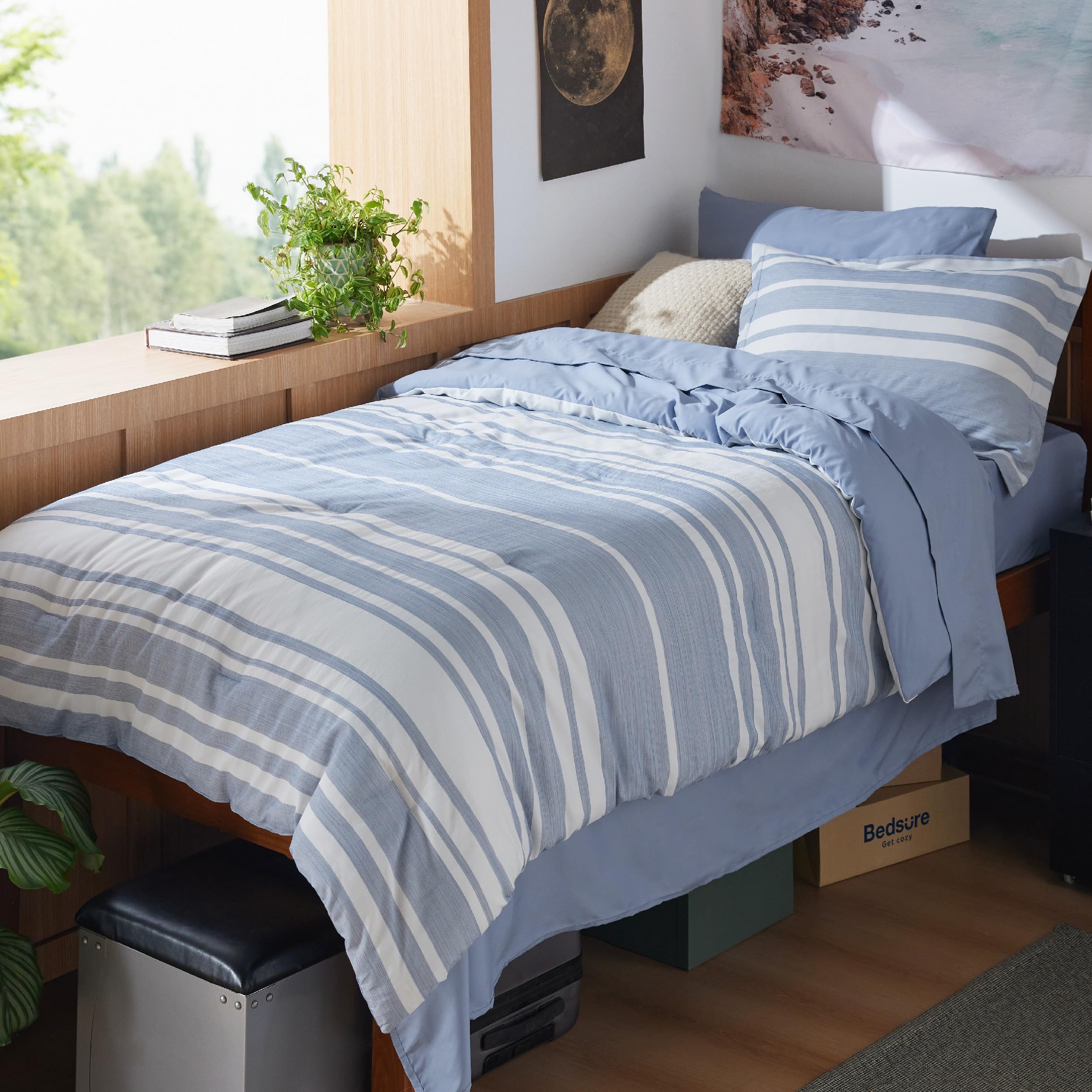 Bedsure Twin XL Comforter Set 5 Pieces, Blue Striped Bedding Set for ...