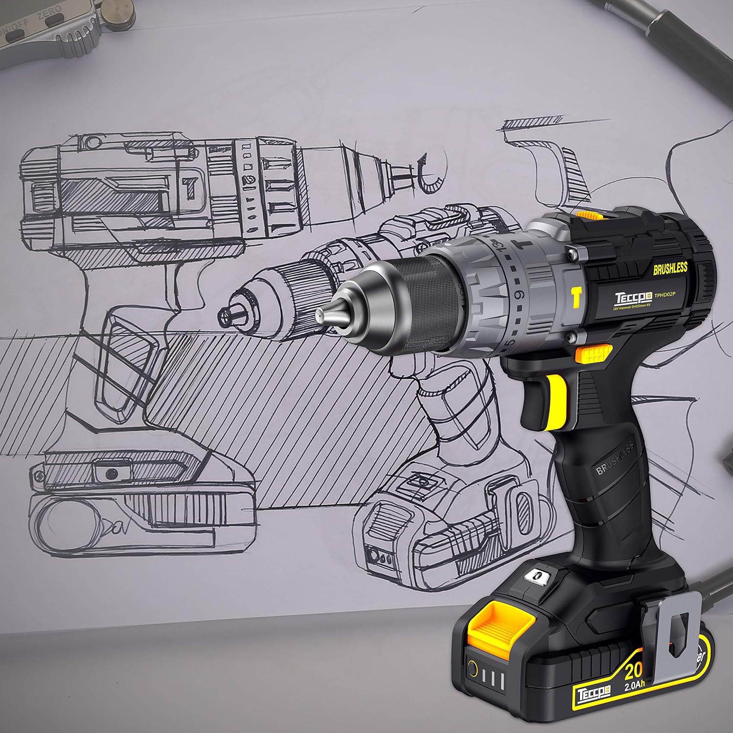 30mins Fast Charger TECCPO Professional 60Nm Cordless Drill with 2 ...