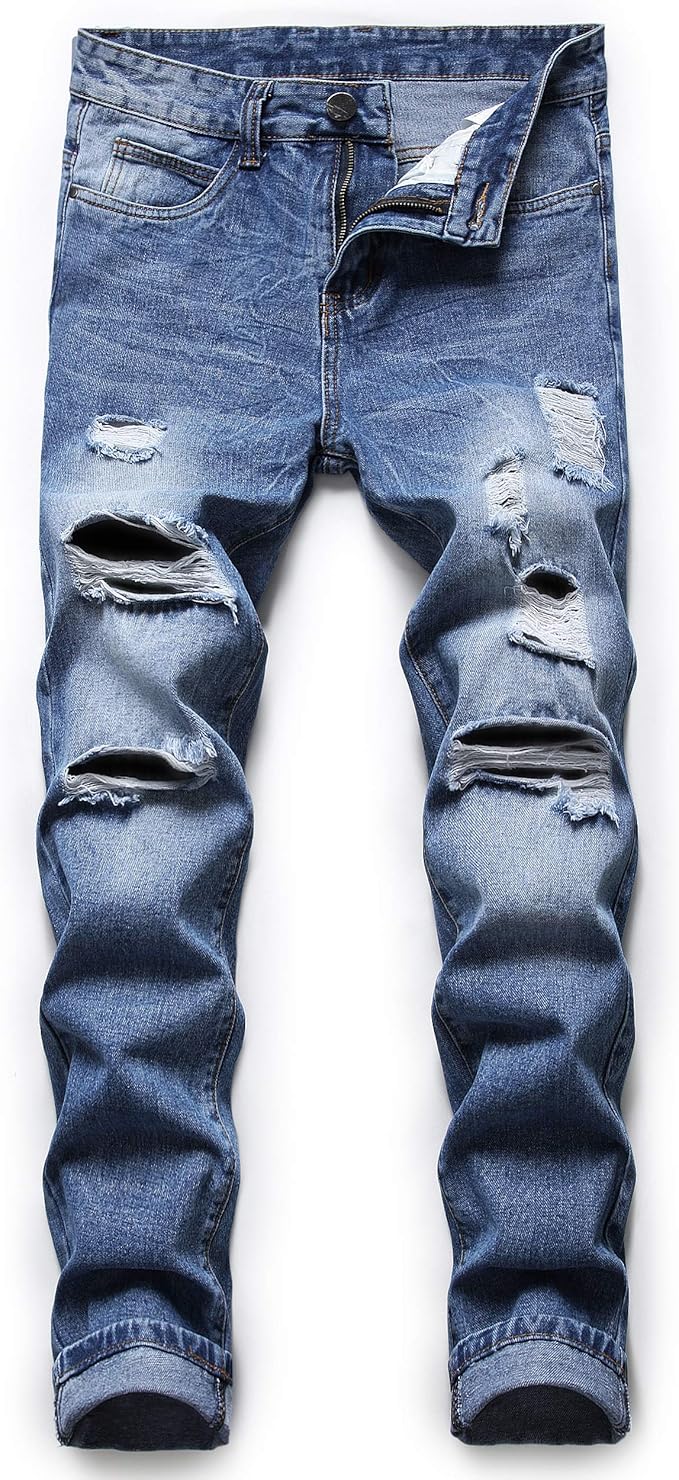 ZEESEN Pantalones vaqueros rasgados para hombre de mezclilla ajustados ...