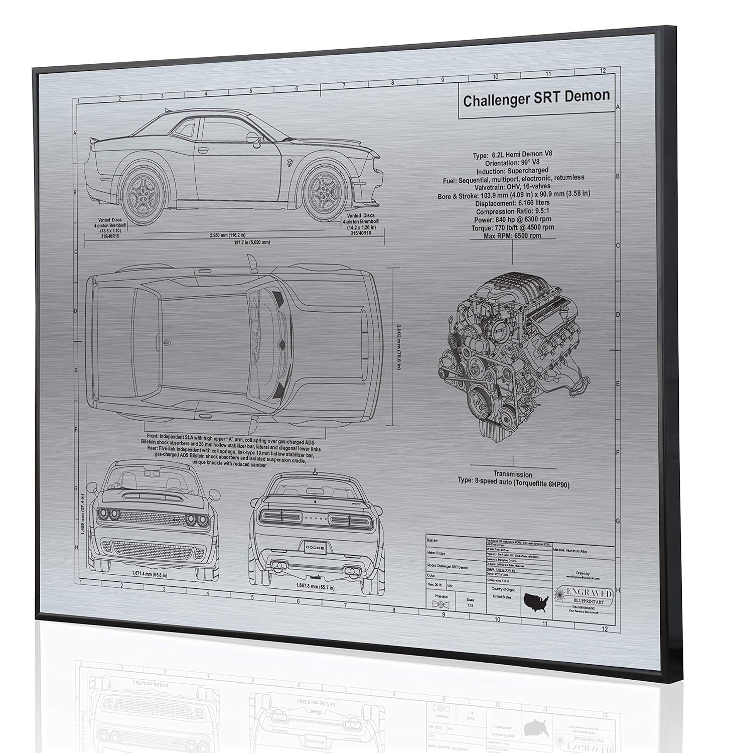 Amazon.com: Dodge Challenger SRT Demon Blueprint Artwork-Laser Marked ...