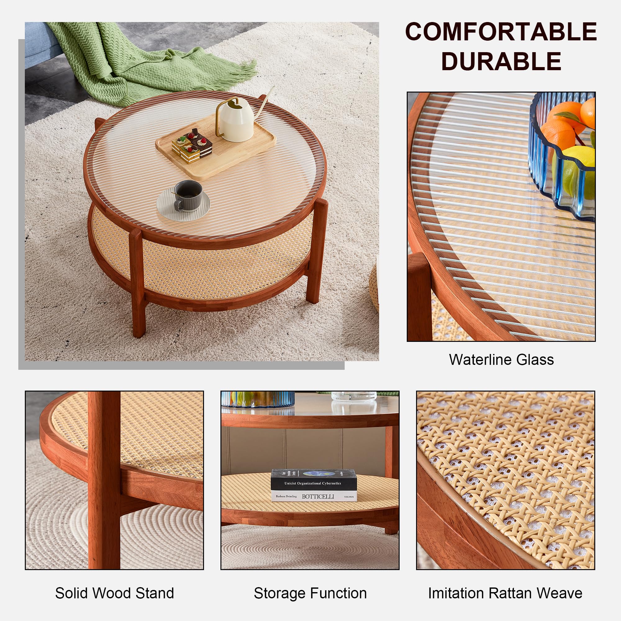 RUNNA Modern Simple Circular Double-Layer Solid Wood Tea Table Rattan ...