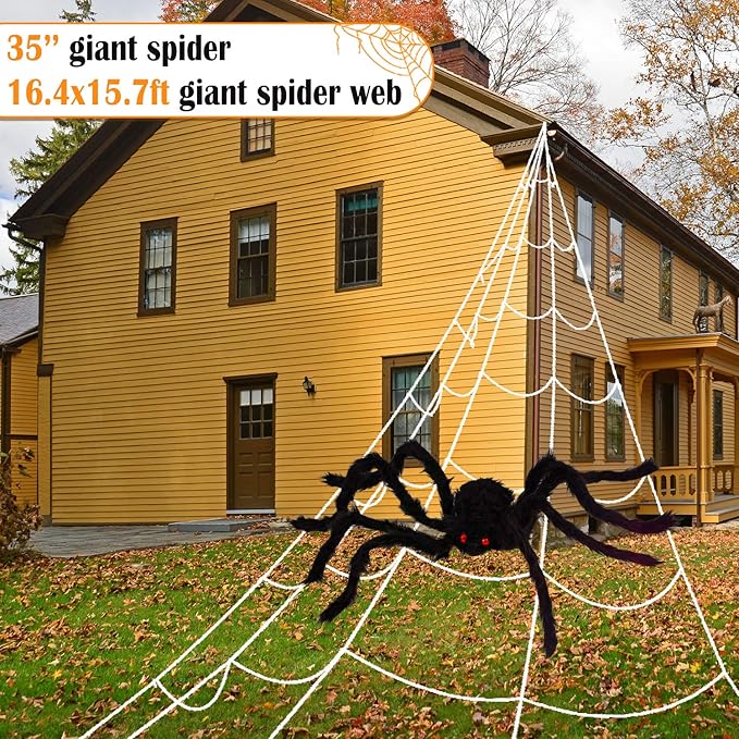 Whaline Halloween Giant Spider Web With Giant 35in Black Spider for ...