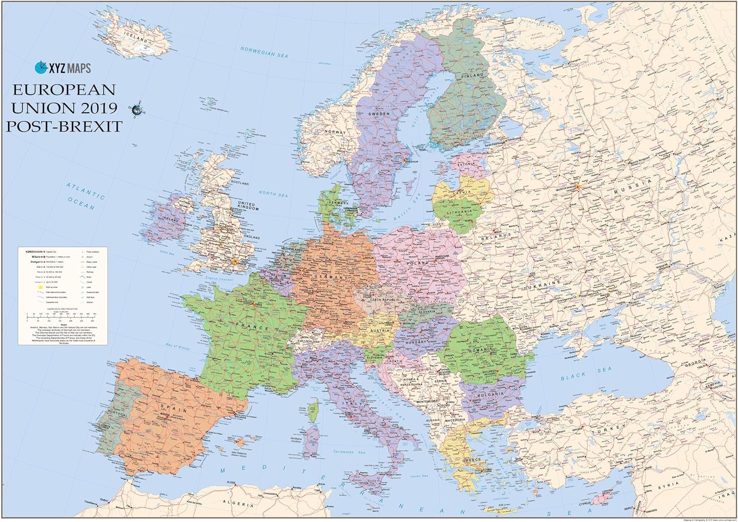 European Union 2019 Post Brexit Wall Map – 47″ x 33.25″ Laminated ...