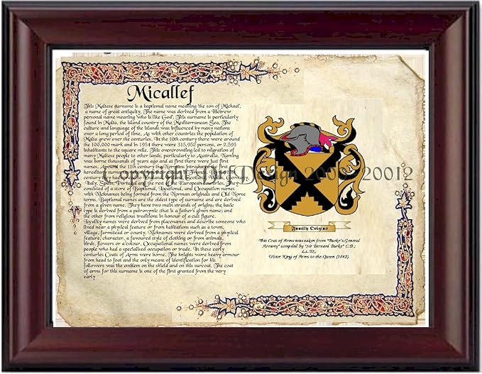 Micallef Coat of Arms/ Family Crest on Fine Paper and Family History ...