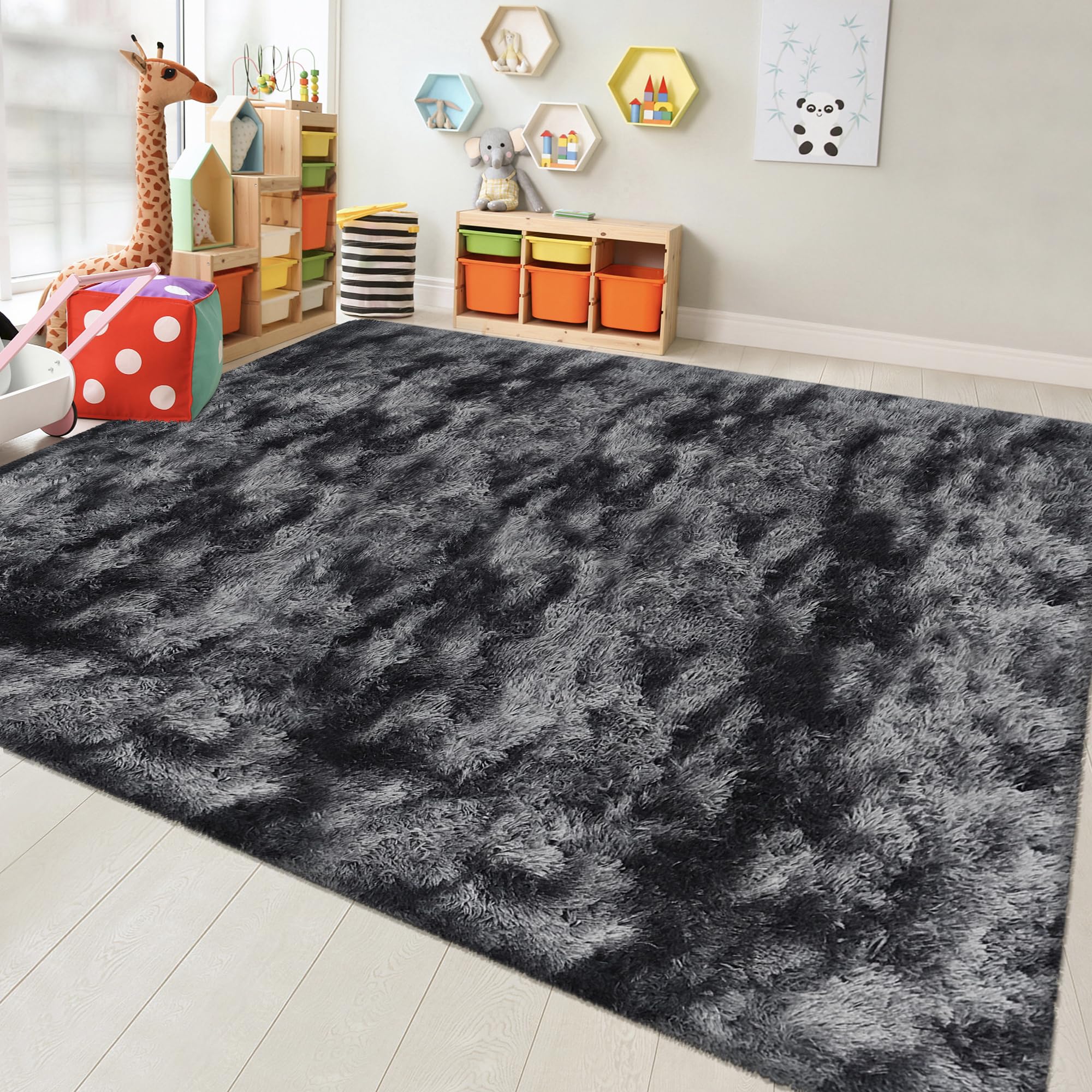 Black Grey Tie-Dyed Rug for Living Room 8x10 Fluffy Area Rug Mat ...