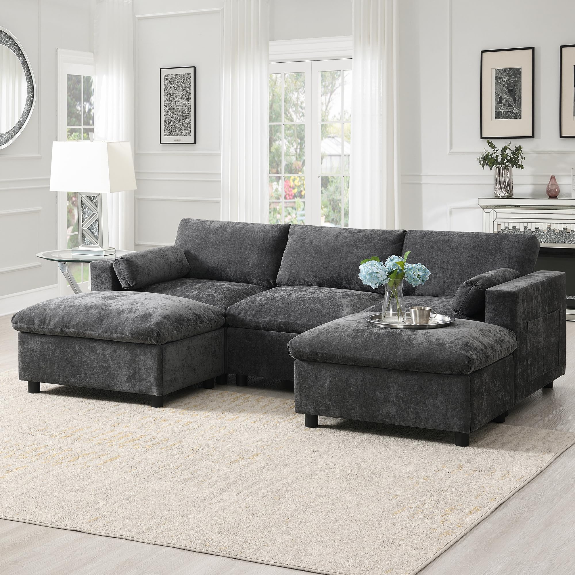 Merax 86.5" Sectional Sofa with Storage Pockets & Removable Ottomans, 5 Seat U Shaped Sleeper ...