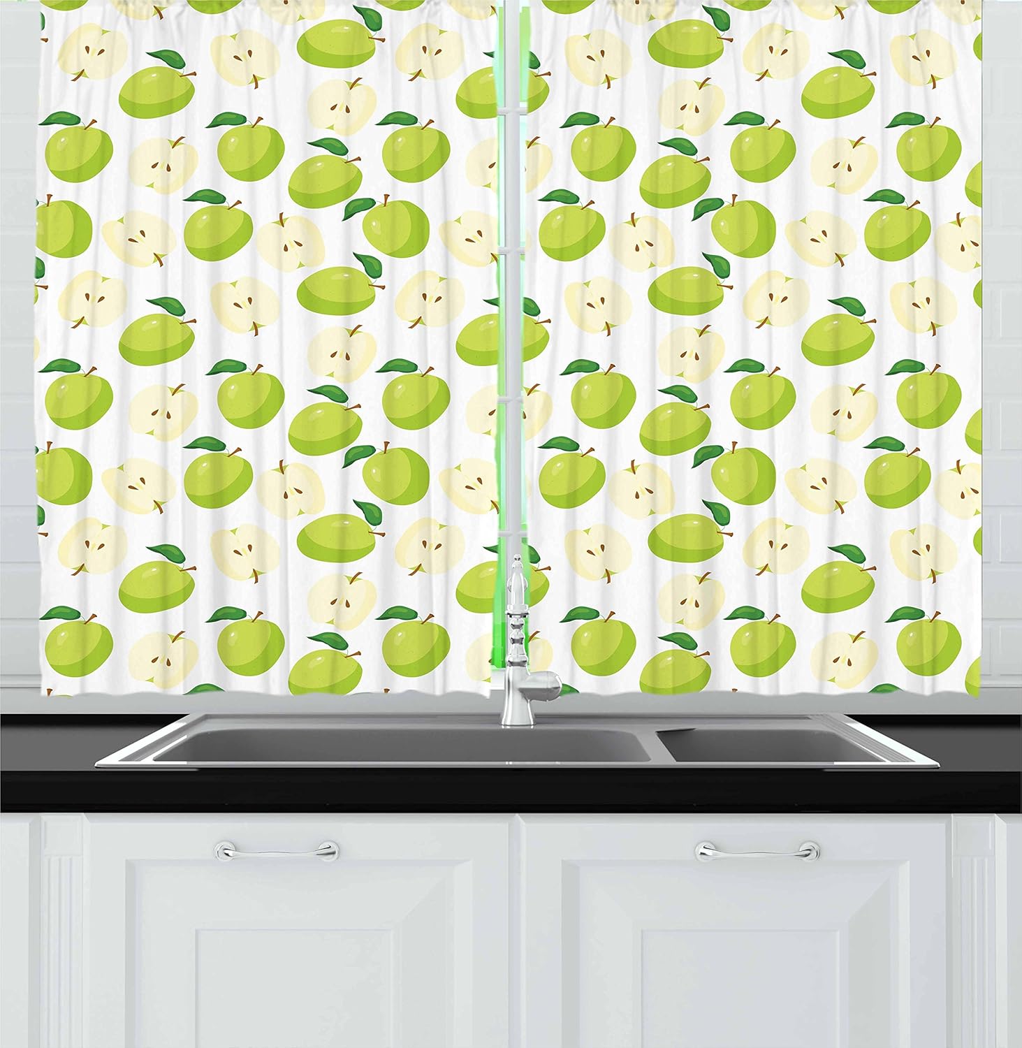 Amazon.com: Ambesonne Apple Kitchen Curtains, Cartoon Style Green ...