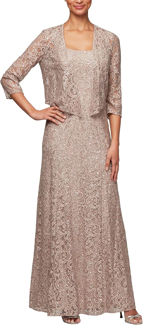 Alex Evenings Womens Long Lace Jacket Dress Mother of The Bride Dress ...