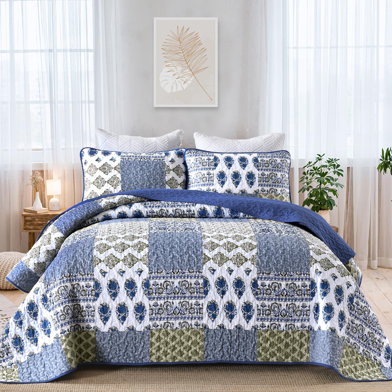 Mybedsoul Blue Quilt Set Queen Size 3 Pieces Boho Plaid Aqua Blue ...