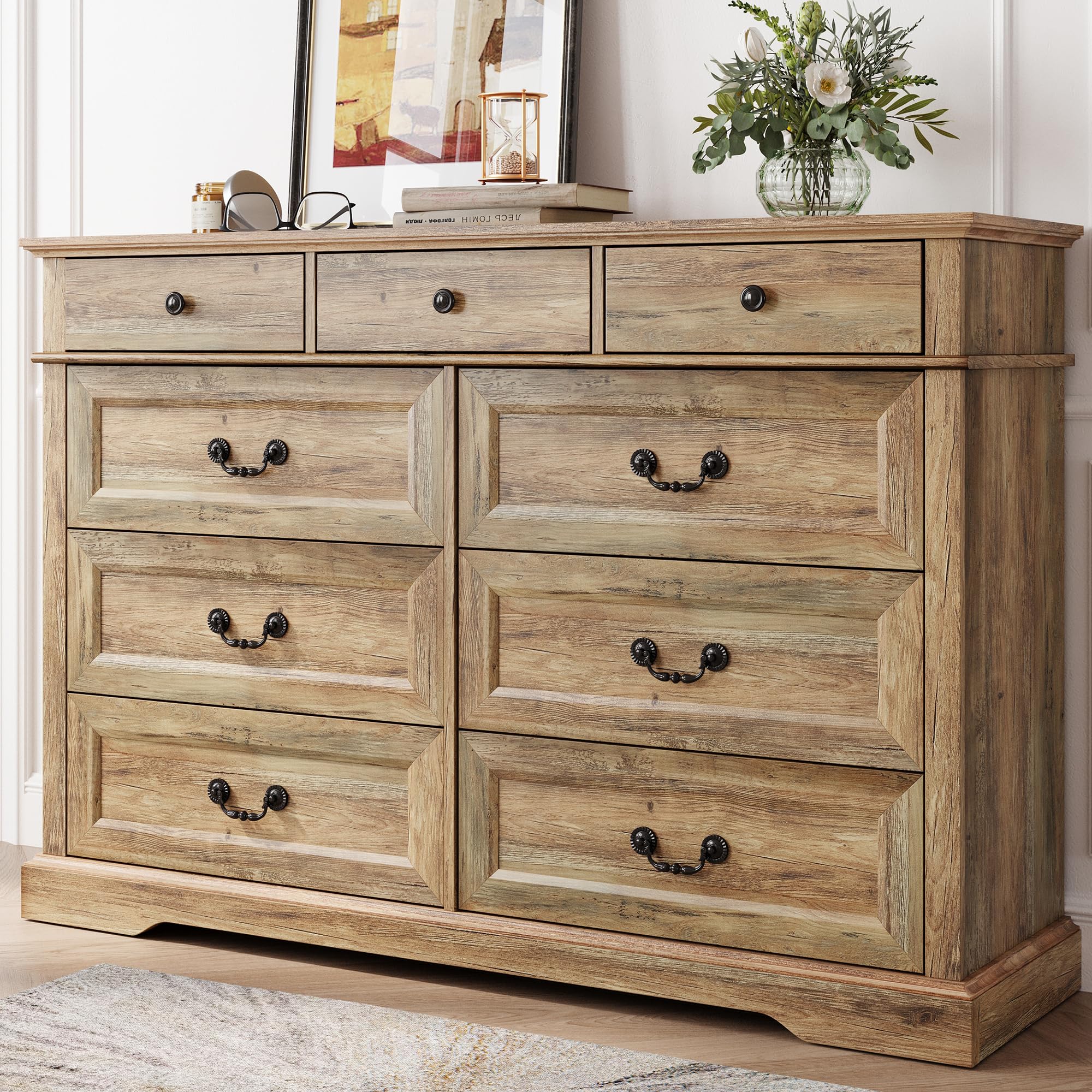 LINSY HOME Farmhouse 9 Drawers Dresser for Bedroom, Wood Bedroom ...