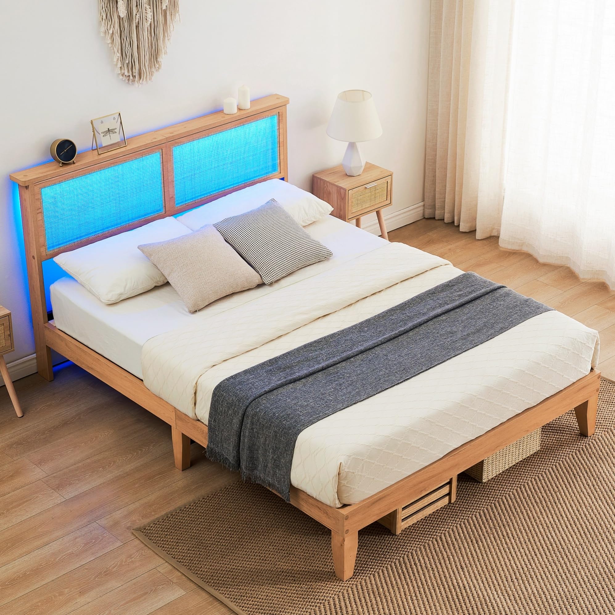 coucheta 12.4 Inch Solid Wood Full Bed Frame with Natural Rattan ...