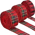 Amazon.com: 3 Rolls Christmas Plaid Wired Ribbons Gingham Burlap Ribbon ...