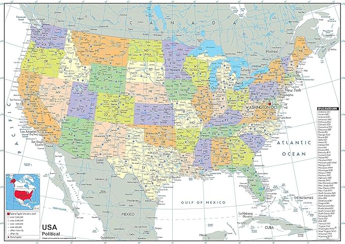 USA Political Map - Paper Laminated - A1 Size 59.4 x 84.1 cm: Amazon.co ...