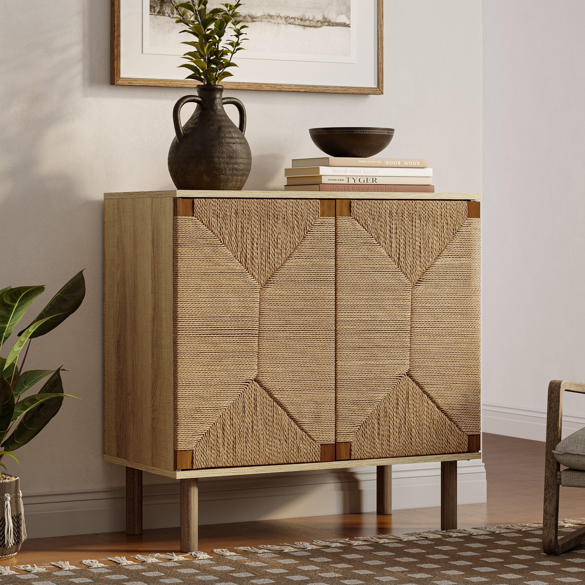 LuxenHome 31" Sideboard Buffet Cabinet with Storage, Seagrass Boho ...