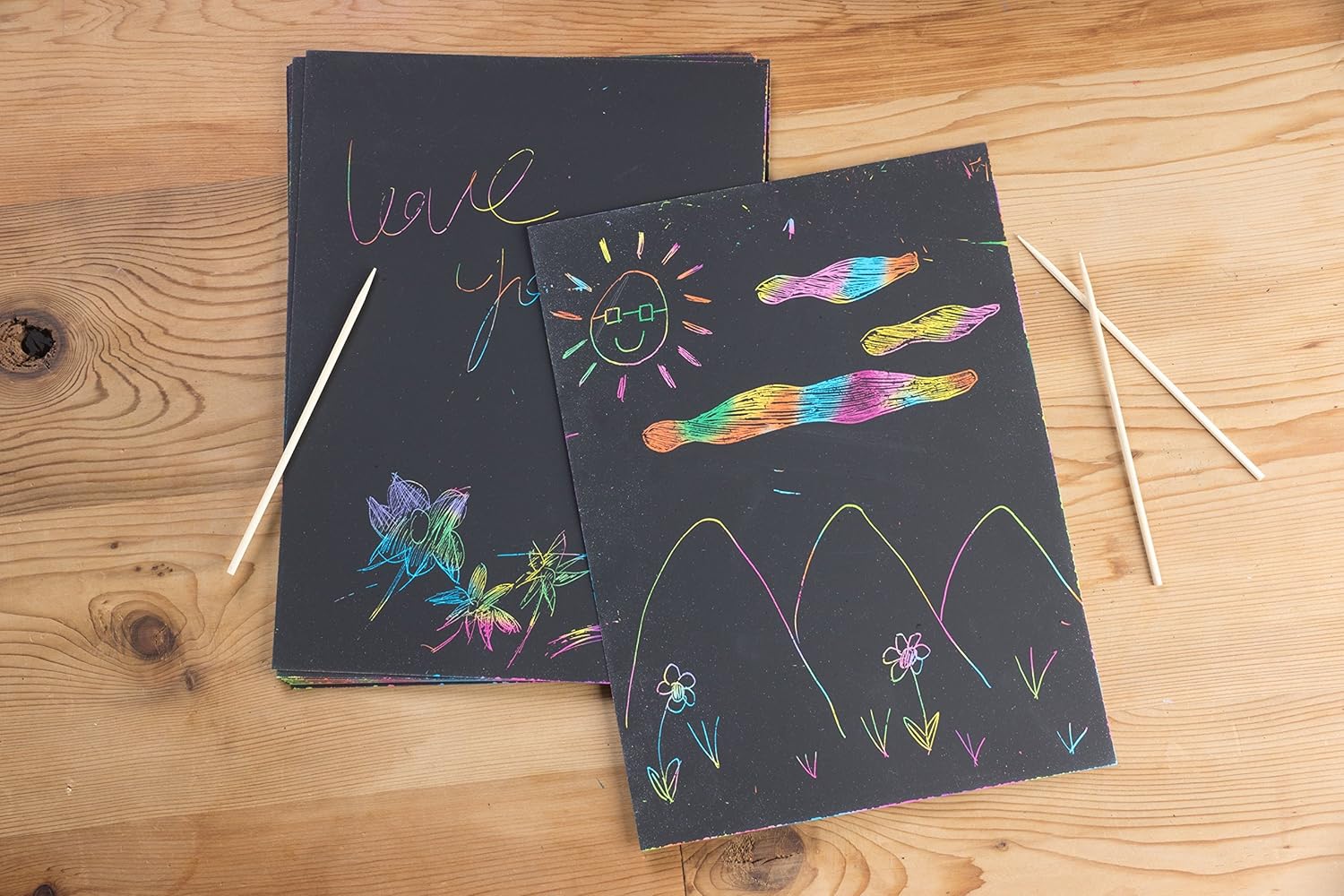 Juvale Rainbow Scratch Paper Sheets with Wooden Styluses – 50 Sheets ...