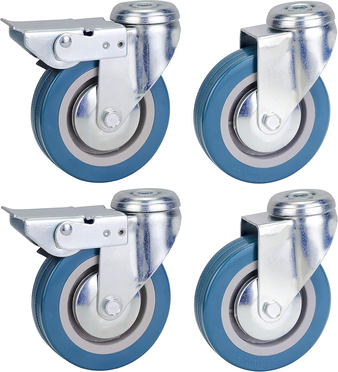 125mm Non Marking Grey Rubber Castors with Brakes – Bolt Hole Fitting ...