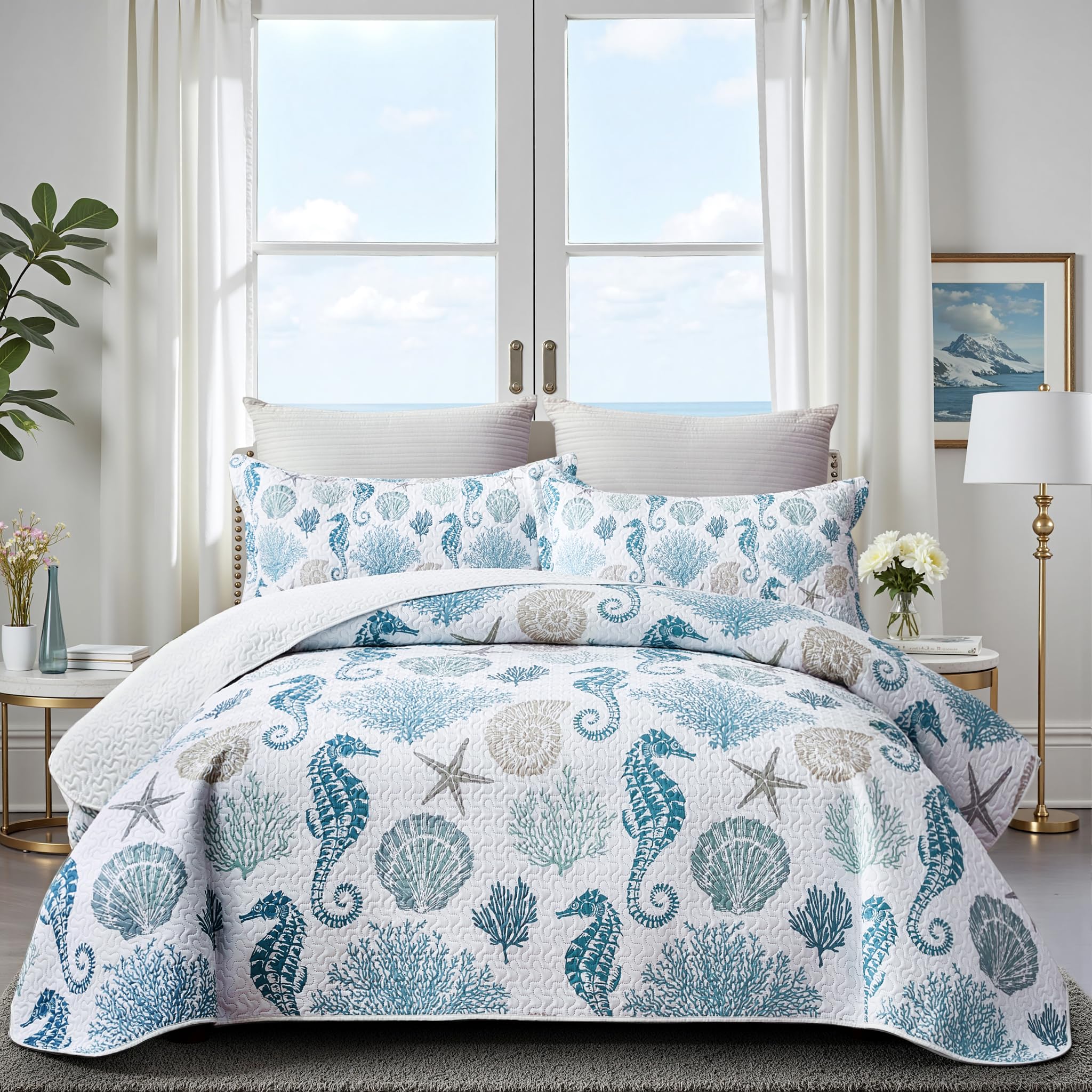 Coastal Bedding King Size Coastal Quilt with 2 Shams, Nautical Beach ...