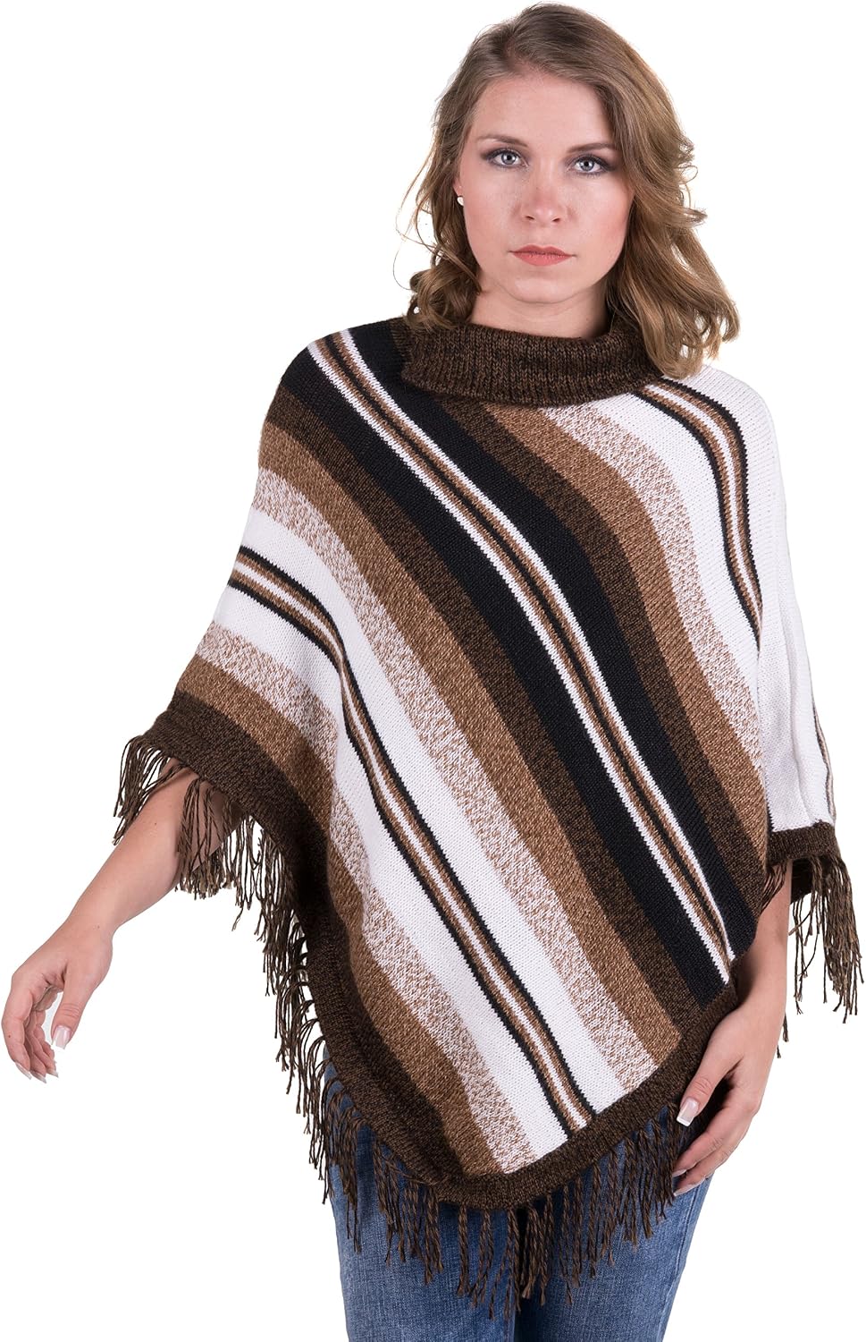 Donna Bianco e Marrone Gamboa Poncho a righe diagonali 100% Alpaca ...