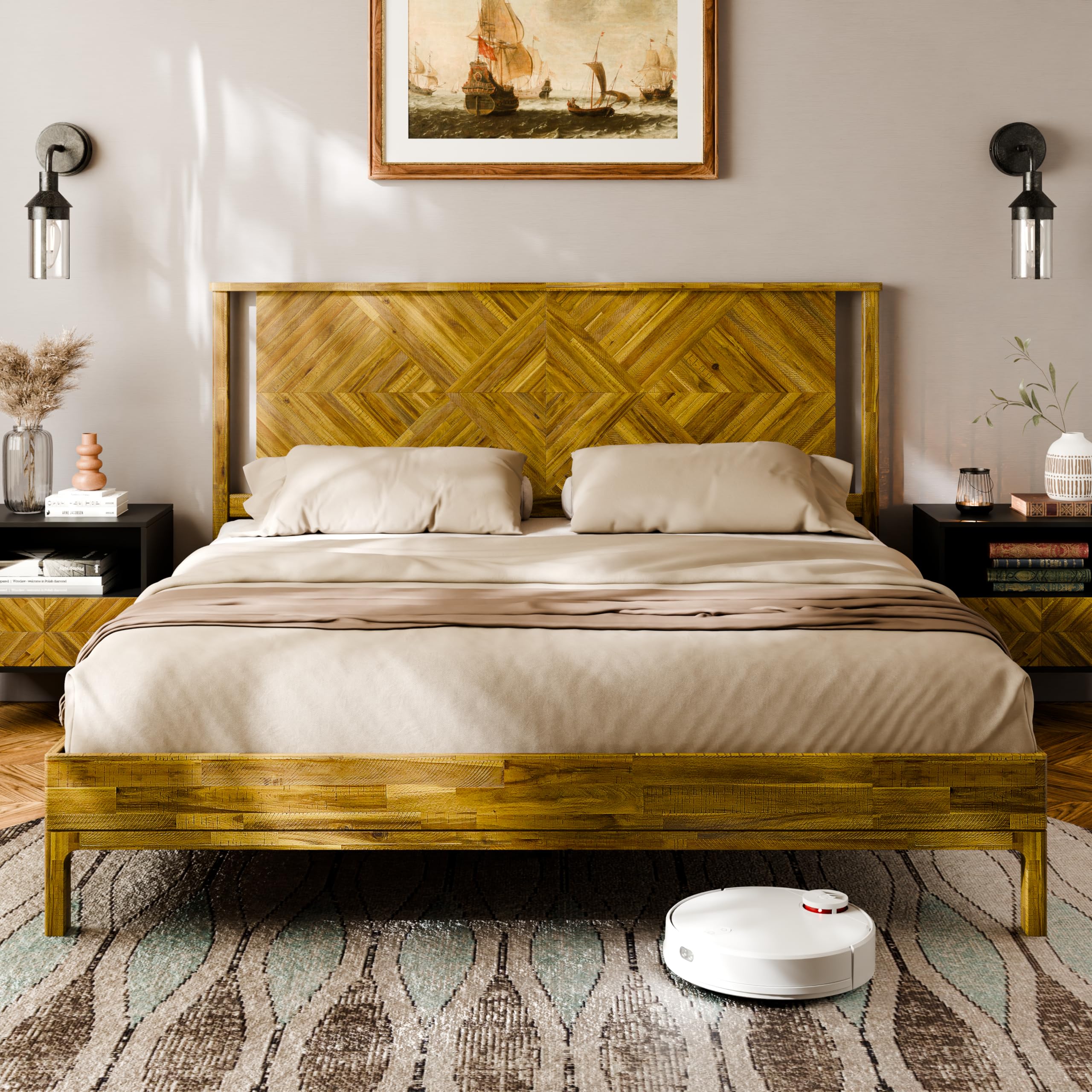 Bme Ethan Solid Wood King Bed Frame with Diamond Headboard - Rustic ...