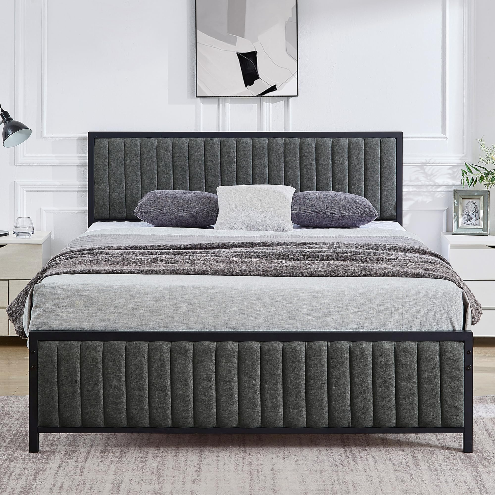 VECELO Full Size Bed Frame with Upholstered Tufted Headboard ...