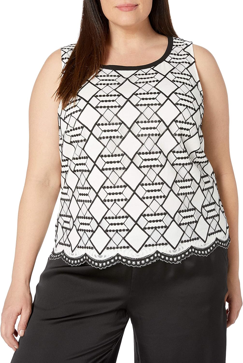 Nine West Women's Plus Size Lace Cami with Scallop Hem, Ivory/Black ...