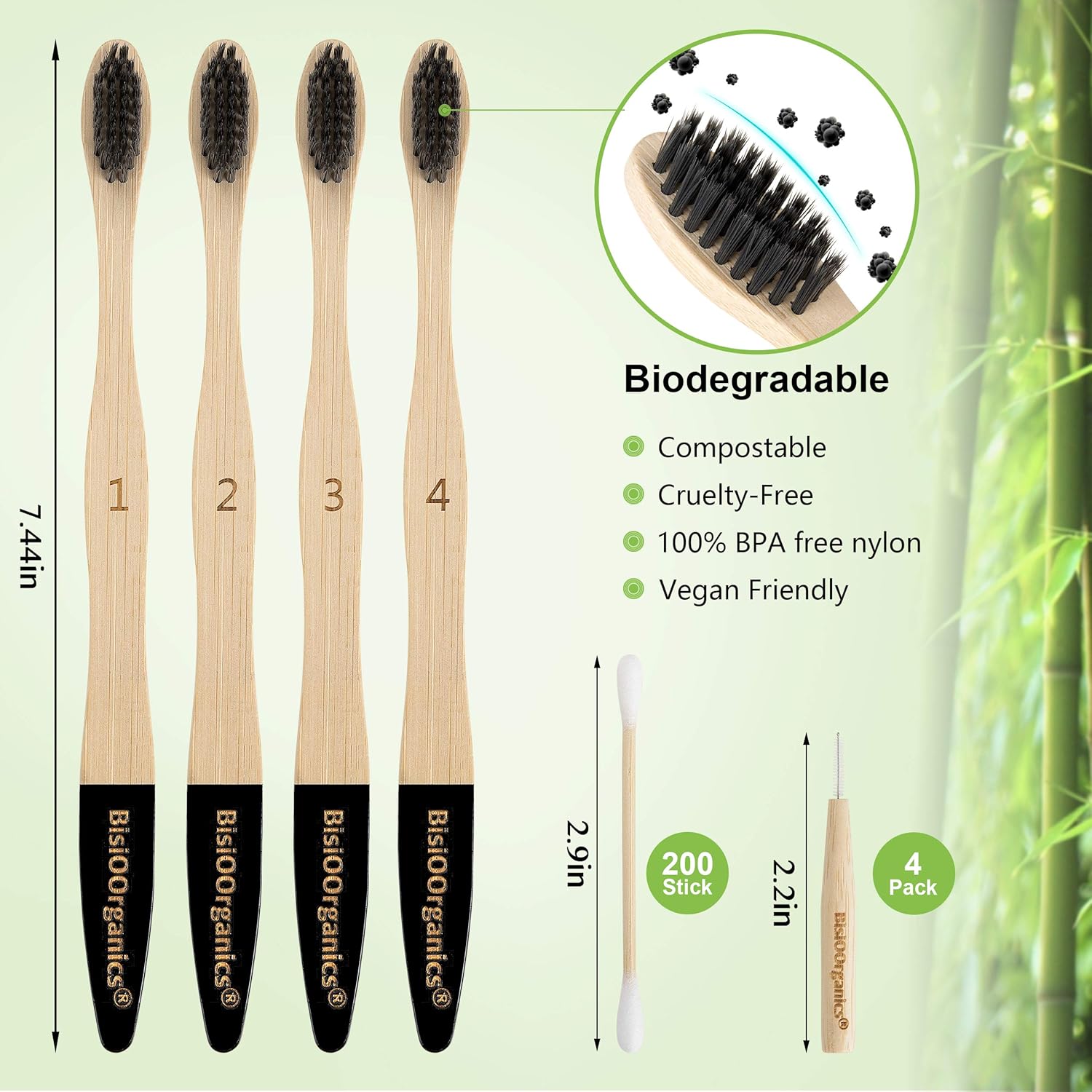 BisiOOrganics Bamboo Hygiene Set – Pack of 4 Bamboo Brushes, 200 Bamboo ...