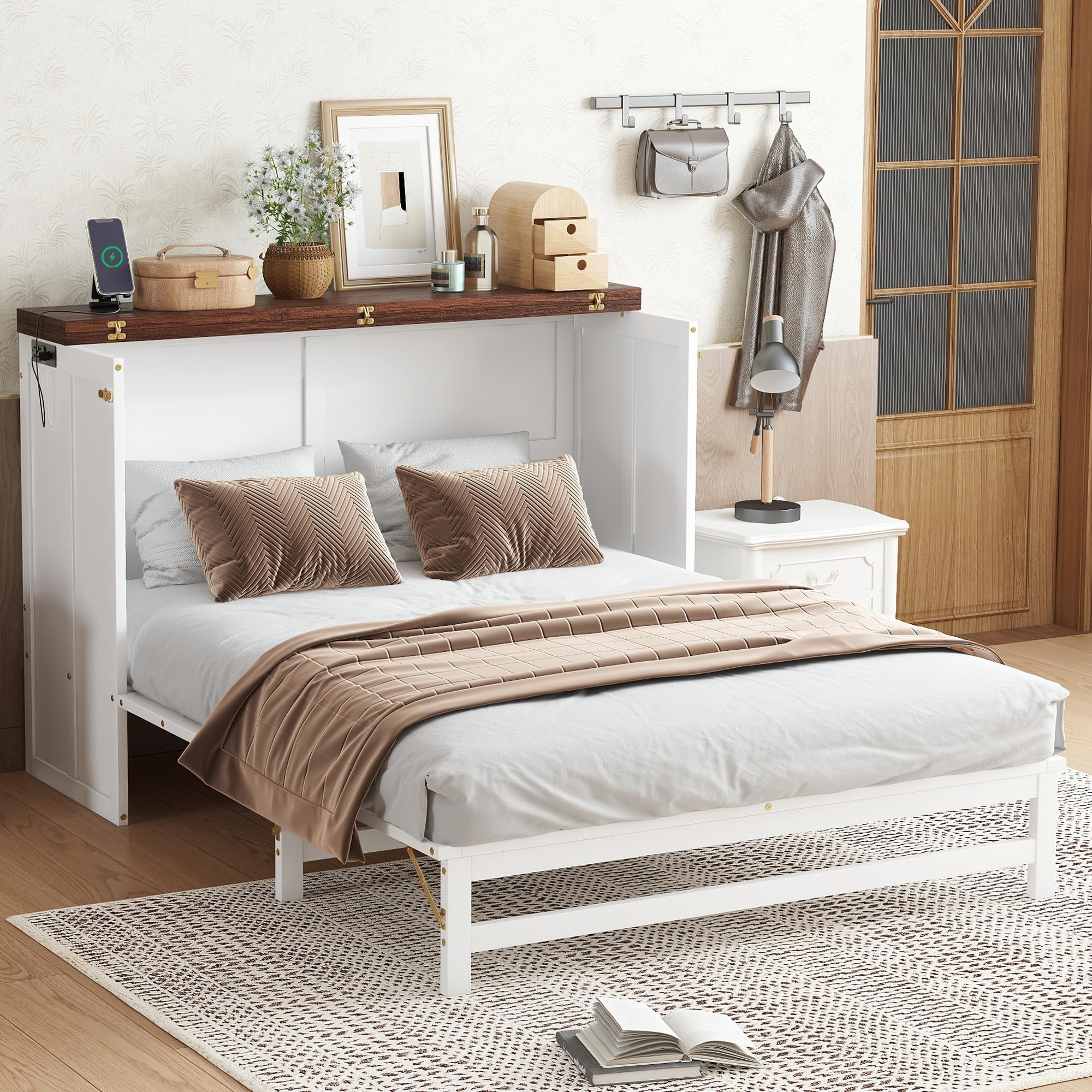 UOCFYK Queen Murphy Bed Chest Cube Cabinet with Charging Station and ...