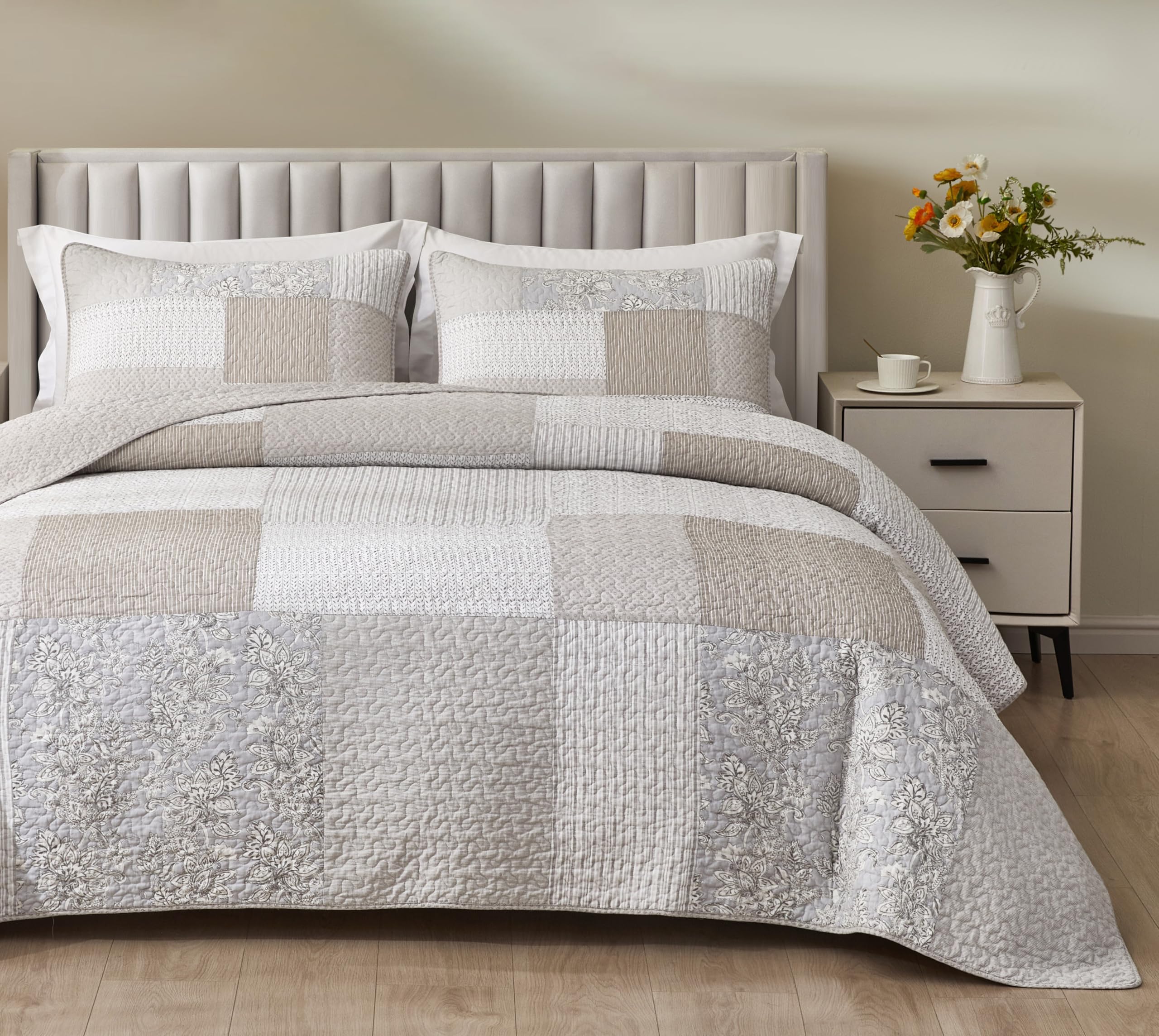 Chezmoi Collection Quinn 3-Piece Neutral Taupe Gray White Floral Hibiscus Flower Candy Stripe ...