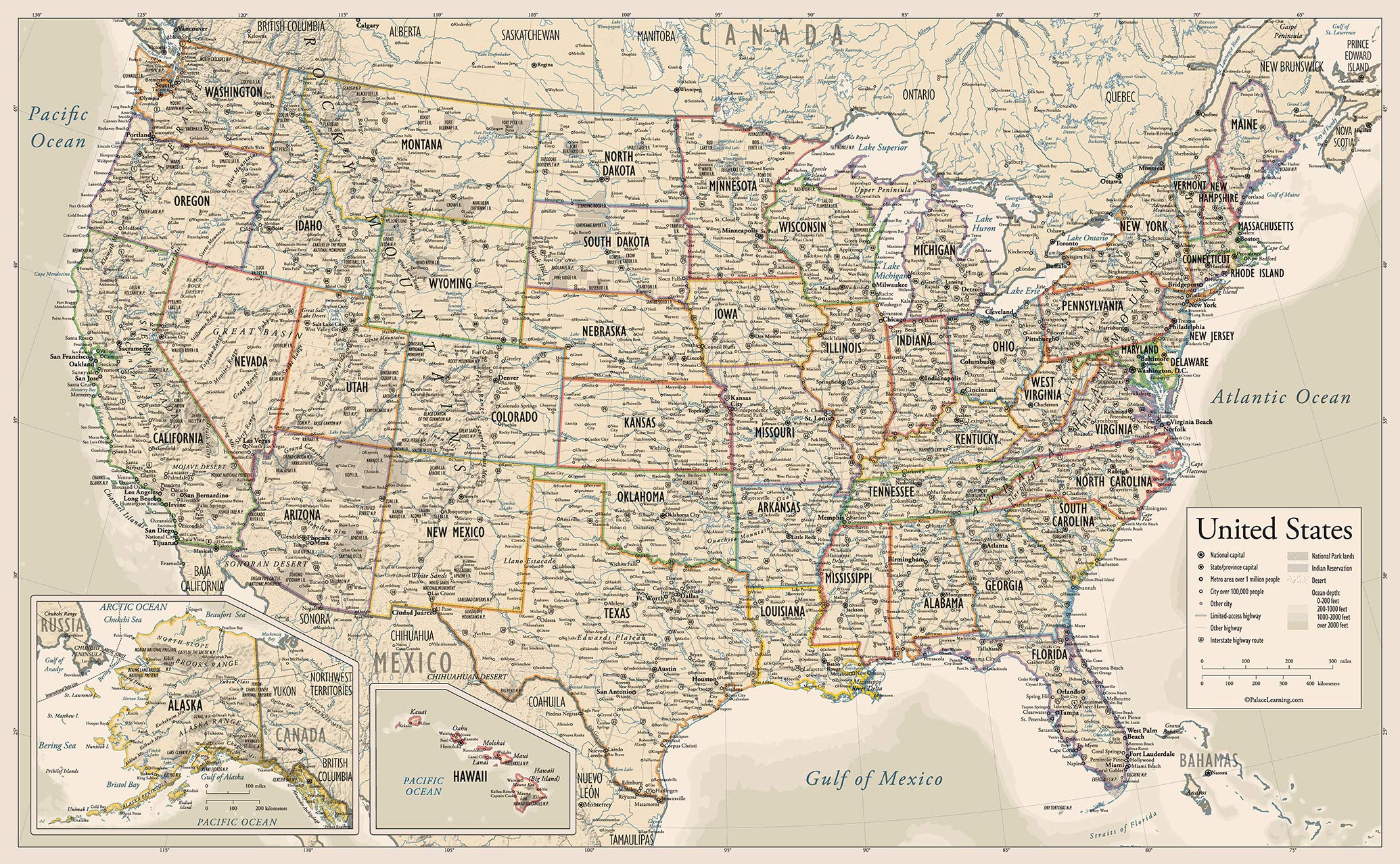 Antique Style USA Map - Wall Chart Map of The United States of America ...