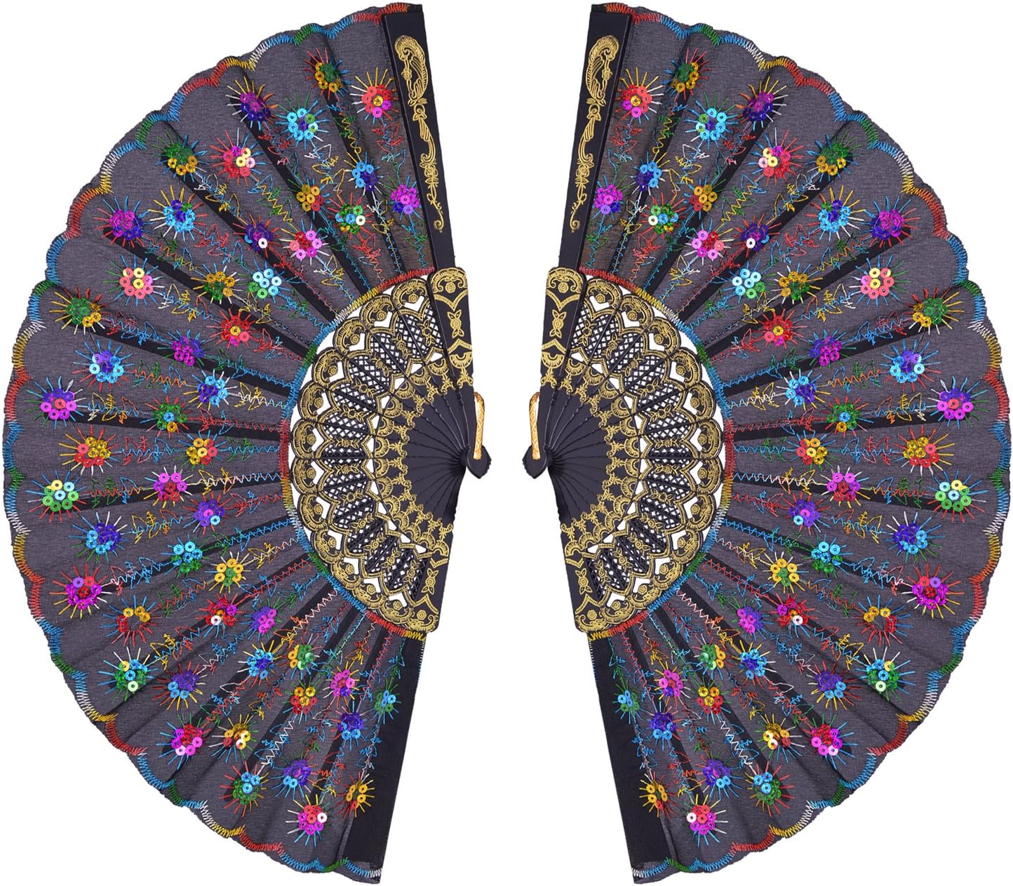 Amazon.com: Metable 2 Pcs Silk Folding Fan Colorful Sequins Peacock ...