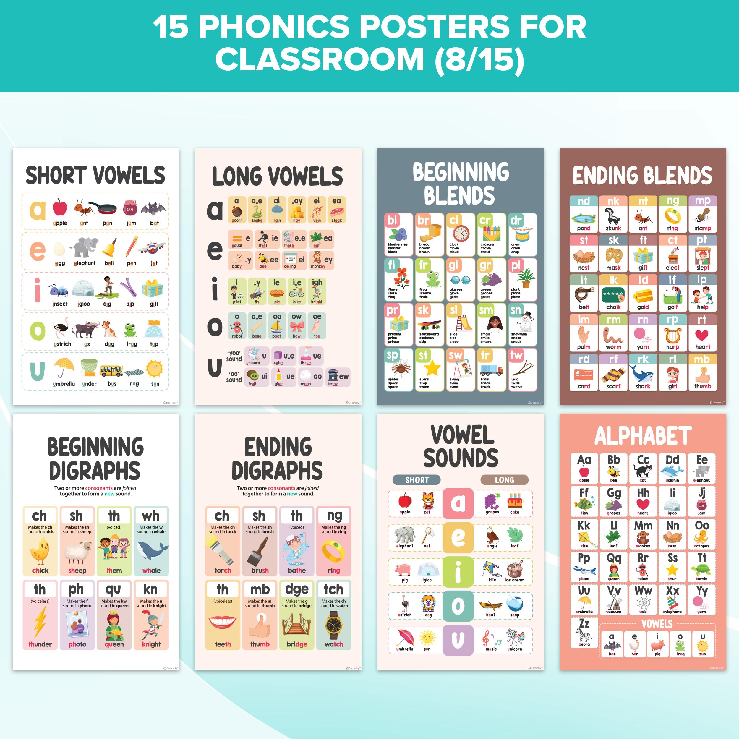 Mua Decorably 15 Boho Phonics Posters for Classroom, 11x17in Matte ...