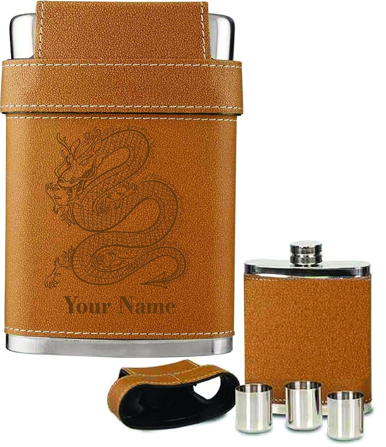 Amazon.com: Engraved Dragon Flask with 3 Shot Glasses Add your Name ...