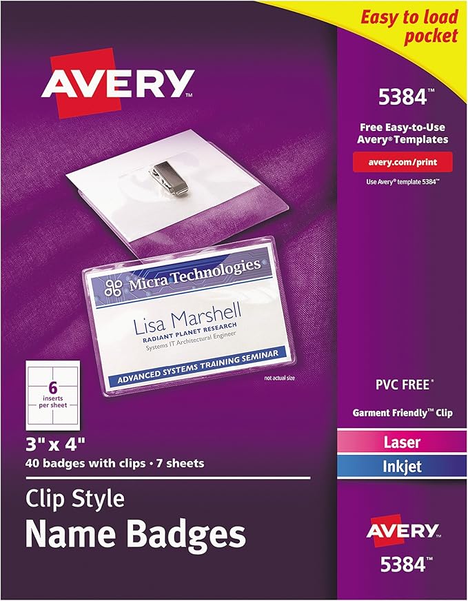 Avery Top Loading Insertable 3 X 4 Inch White Name Badges 40 Count 
