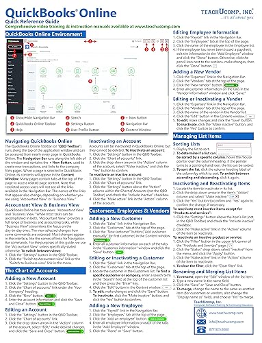 QuickBooks Online Quick Reference Training Card - Laminated Tutorial Guide Cheat Sheet ...