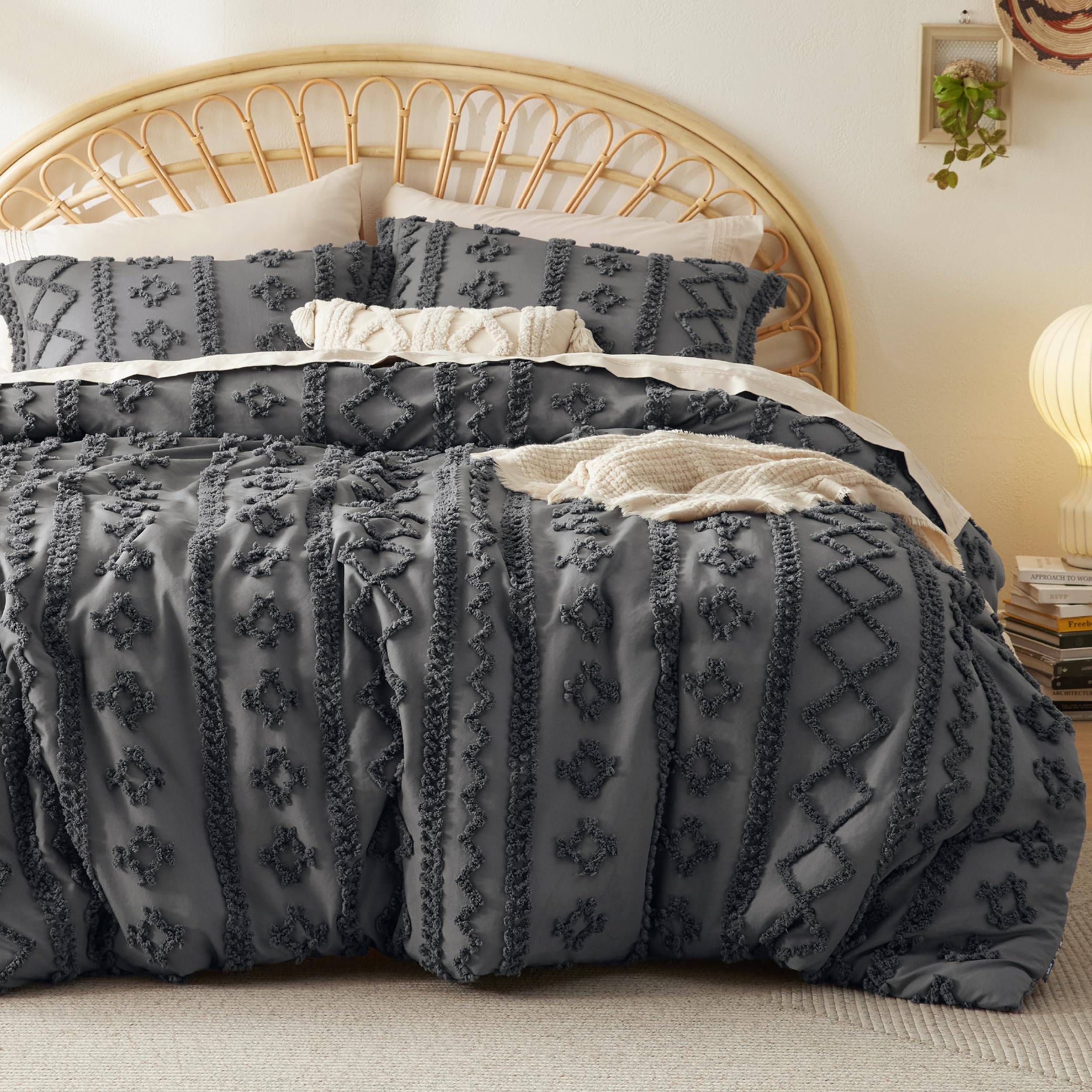 Bedsure Tufted Boho Comforter Set California King Size - Dark Grey Boho ...