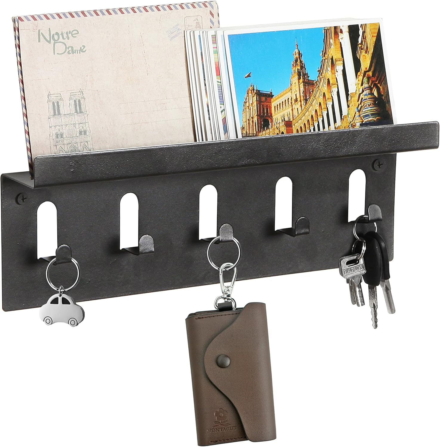 Amazon.com: MyGift Wall Mounted Black Metal Mail Holder Shelf w/ 5 Key ...
