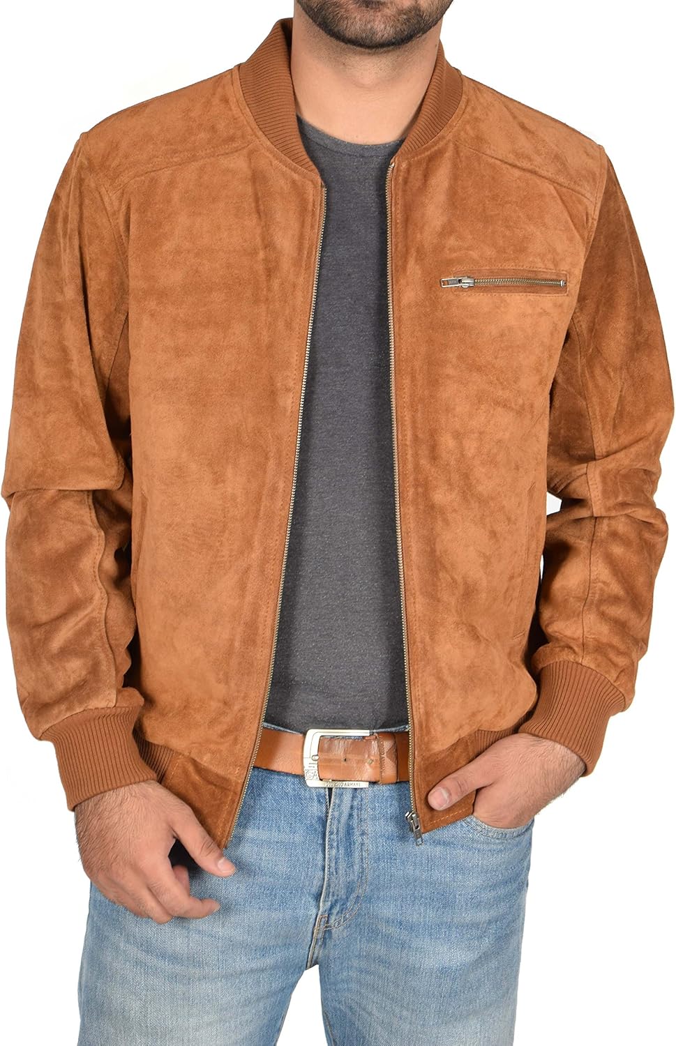 A1 FASHION GOODS Mens Real TAN Suede Bomber Jacket Leather Sports