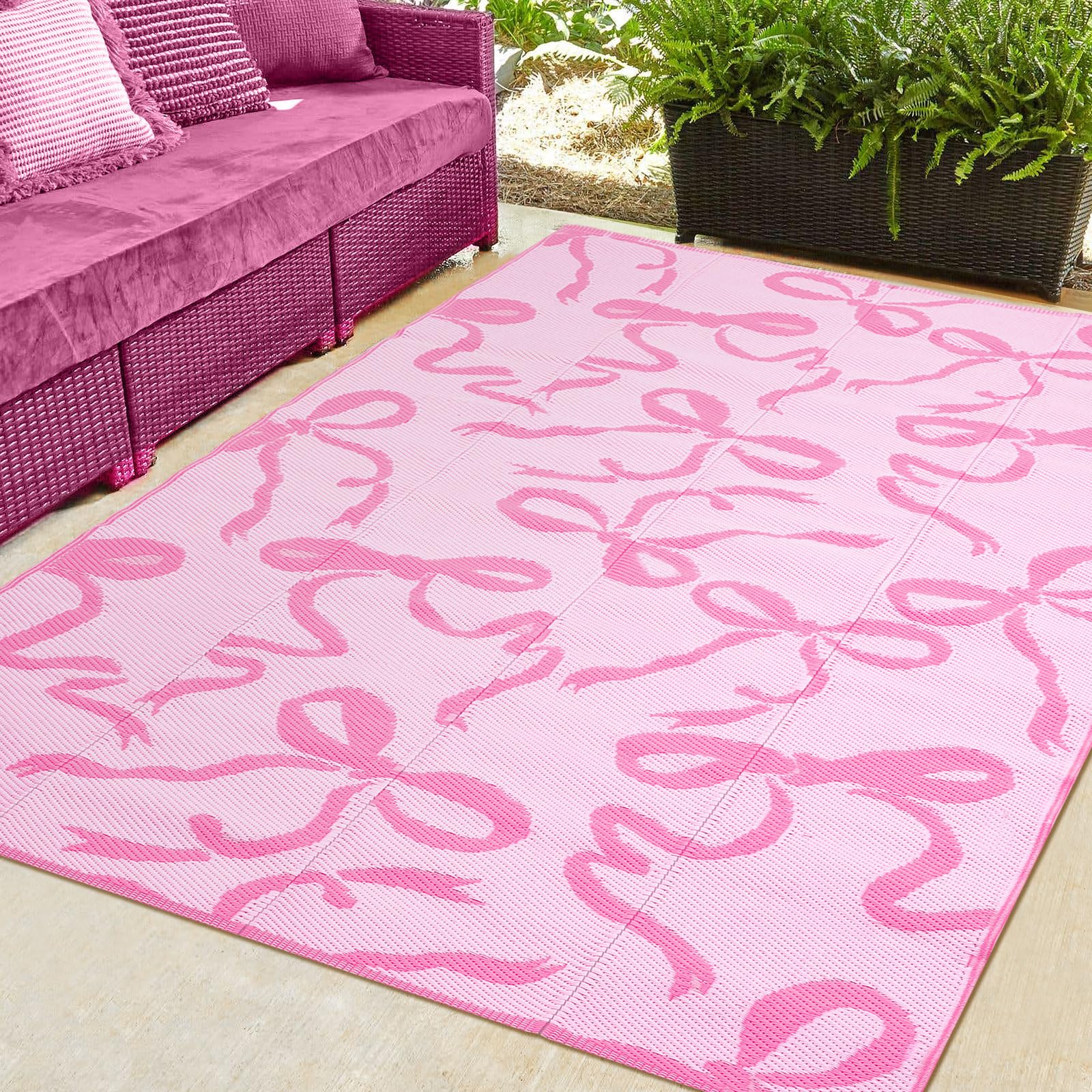 Nuanchu Pink Bow Outdoor Rug Waterproof 5 x 8 ft Plastic Straw Rugs ...