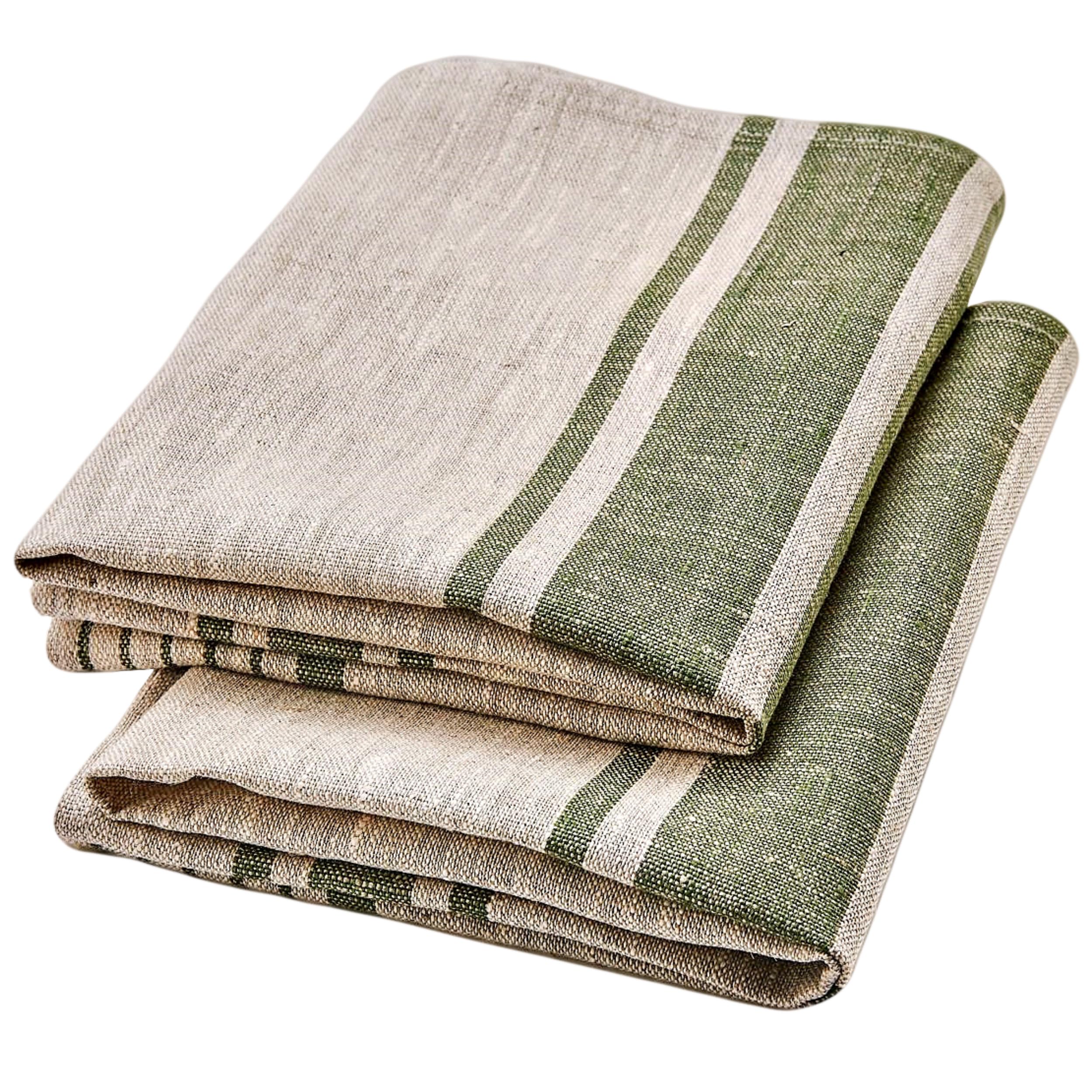 LINENVIBE Pure Linen Kitchen Tea Towels - 100% Flax Linen Dish Towels 17 x 27 inch with Olive ...