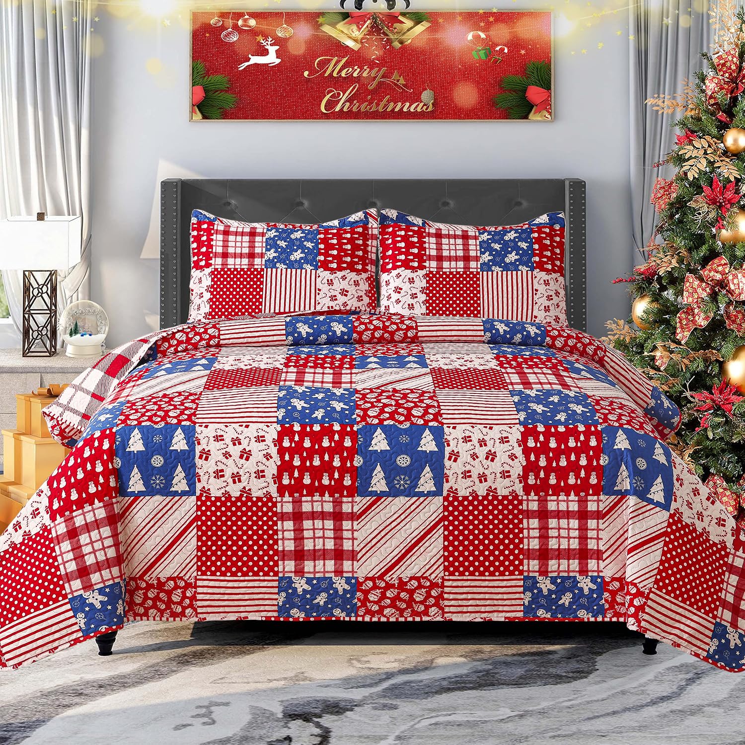 Jarson Christmas Quilt Set Queen/Full Size 3-Piece Xmas Bedspread Reversible Coverlet Snowman ...