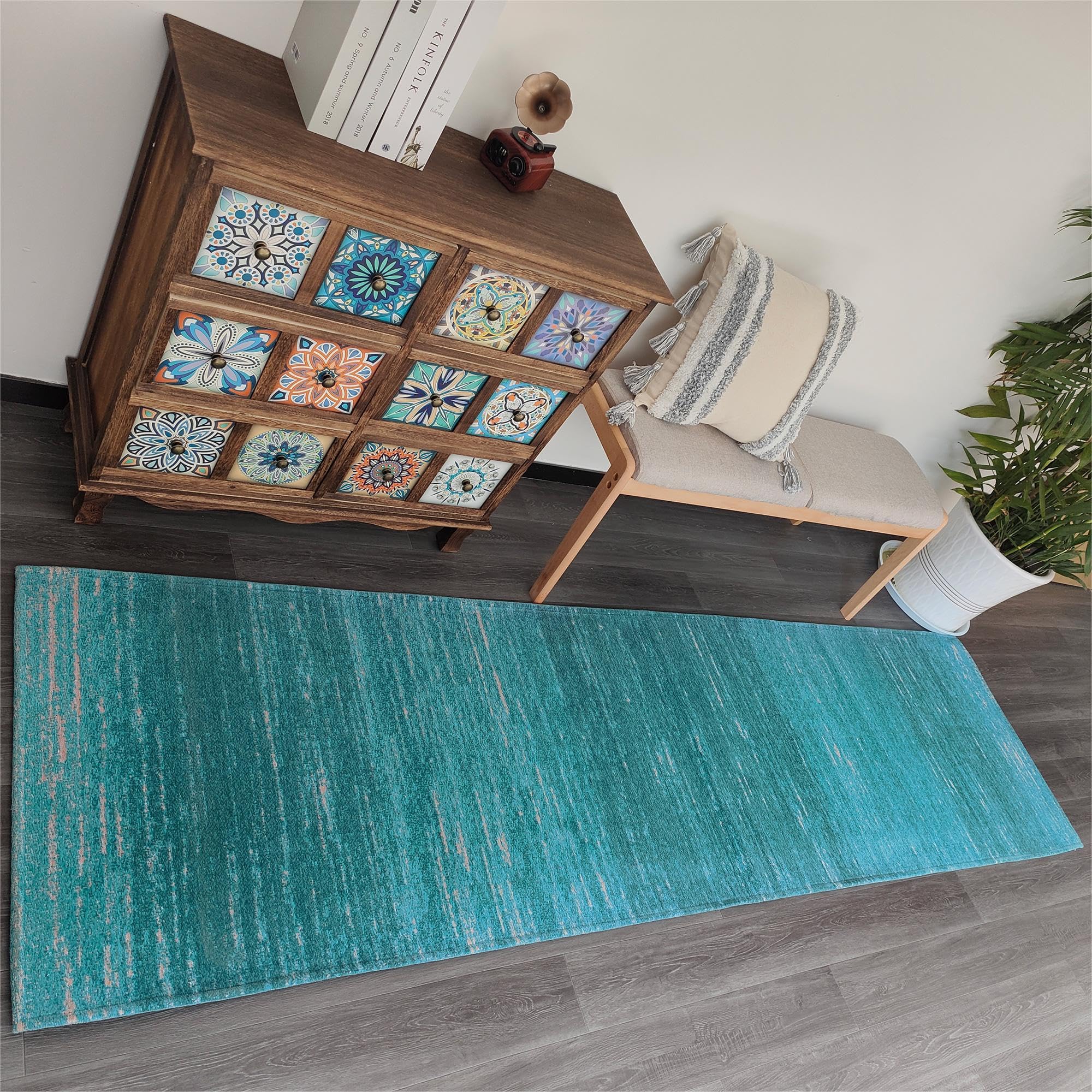 AMIDA 9ft Hall Rugs Runners Non Slip Abstract Teal Runner Rug with ...