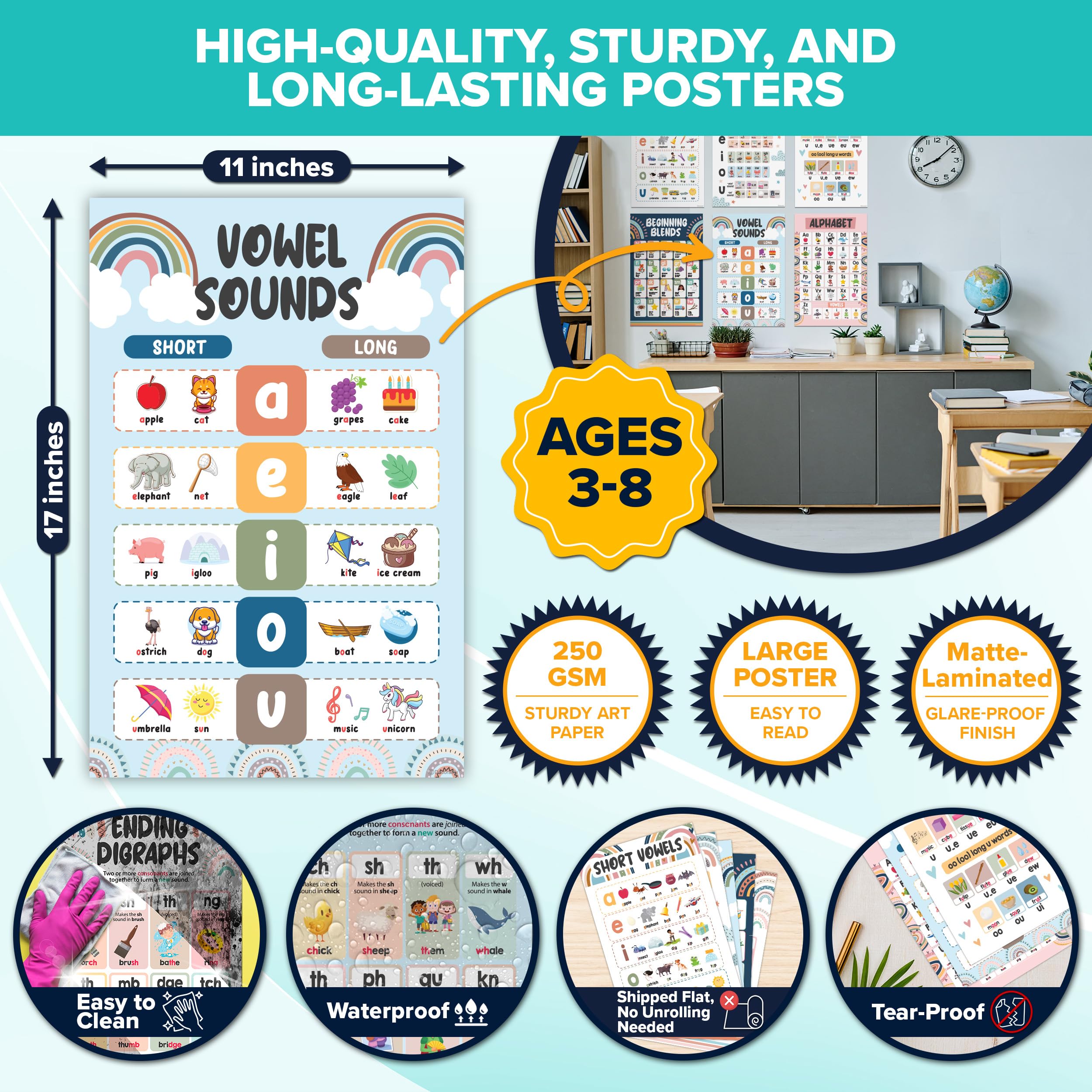 Mua Decorably 15 Boho Rainbow Phonics Posters for Classroom, 11x17in ...