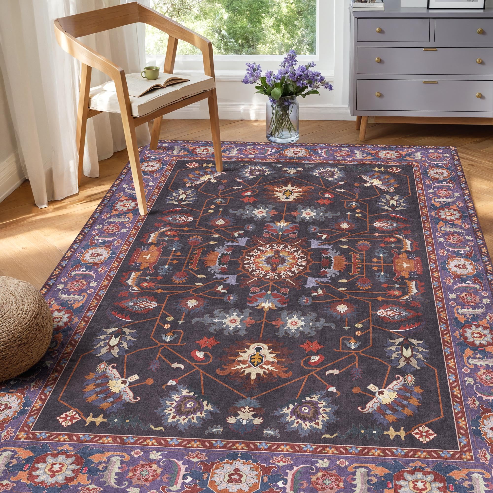 Kokia Living Room Area Rug 5x7 Soft Washable Non Slip Low Pile Purple ...