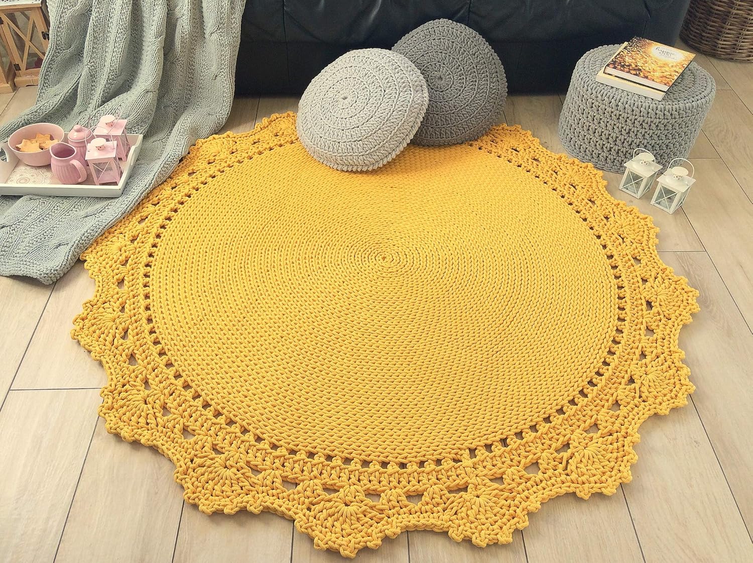 Handgefertigte Teppich Gelb 160 cm Rund kunstvoll Einzigartig ...